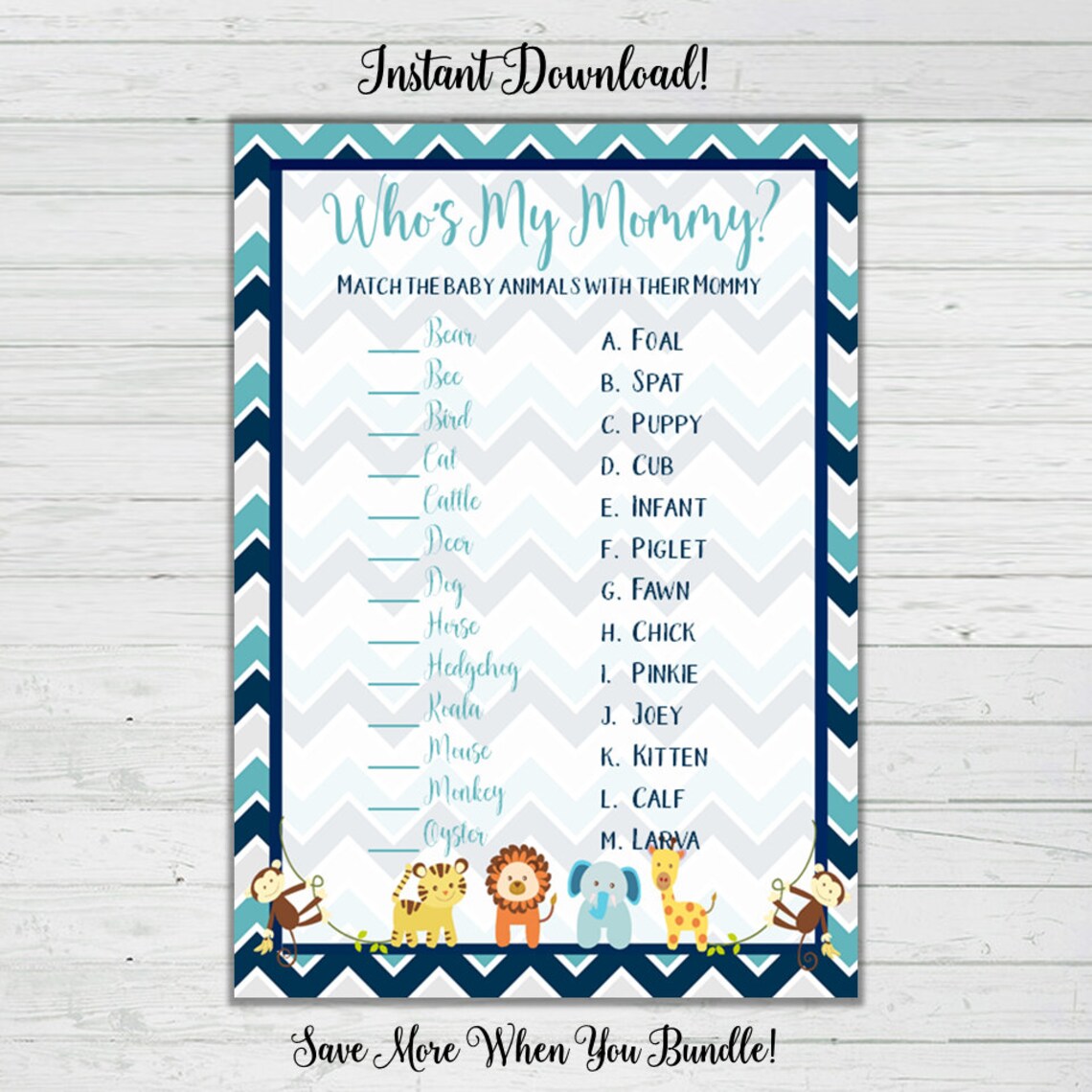Baby Shower 8 Game Bundle Answer Keys Chevron Baby Animals | Etsy