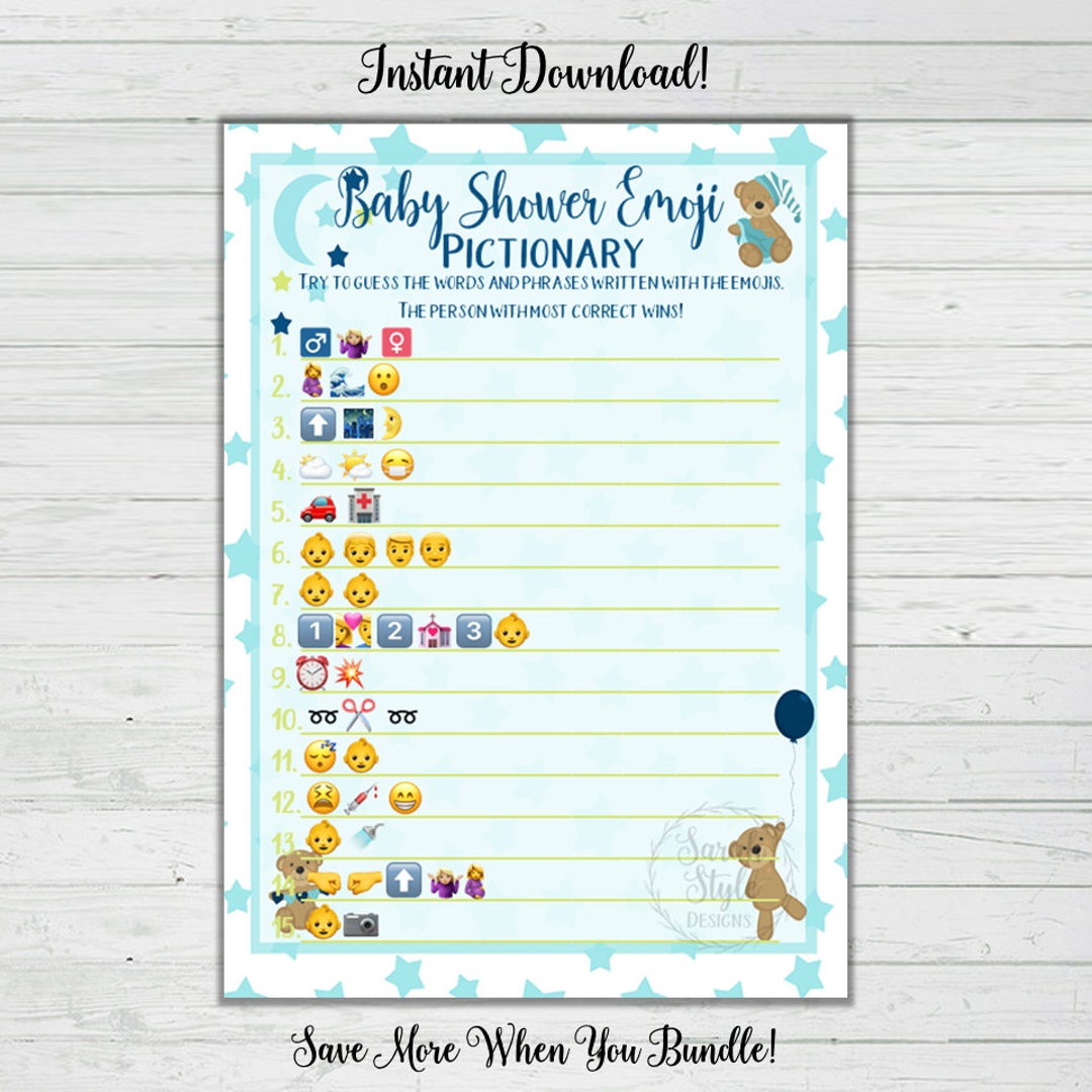 Emoji Pictionary Blue Bear Baby Shower Boy Game Instant Download ...