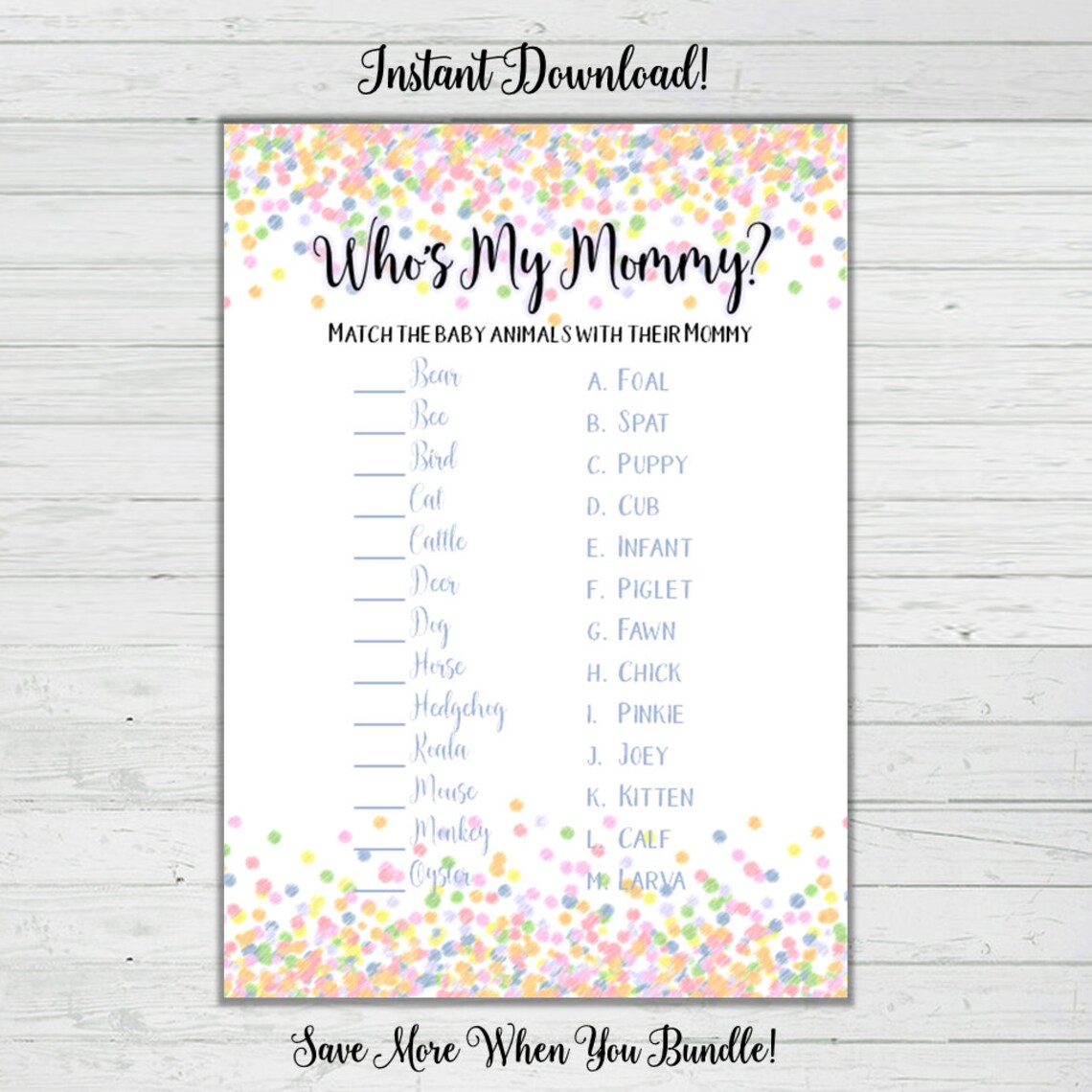 Baby Animals Matching Game - Rainbow Confetti Baby Shower Games - Boy ...