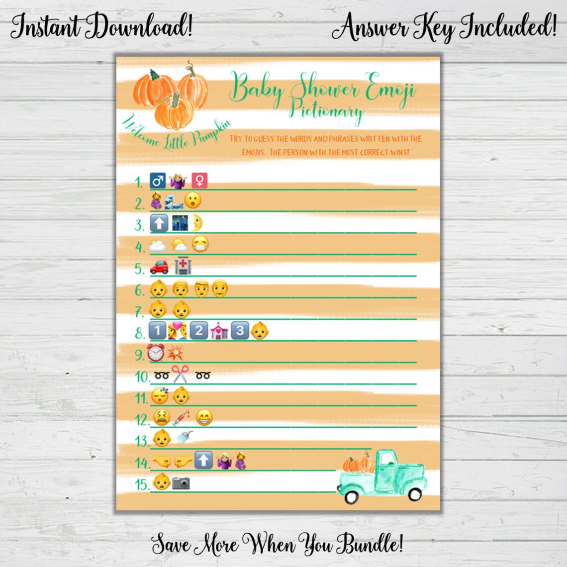 Pumpkin Emoji Pictionary Baby Shower Game - Welcome Little Pumpkin Baby ...