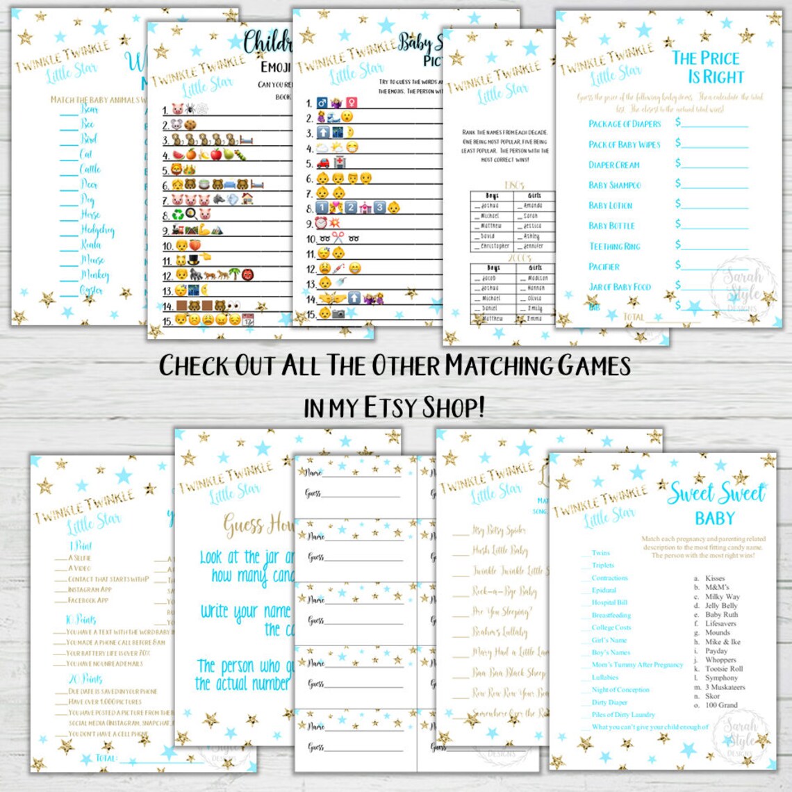 Baby Shower Names by Decade Game Party Activity Blue Gold Stars Digital ...