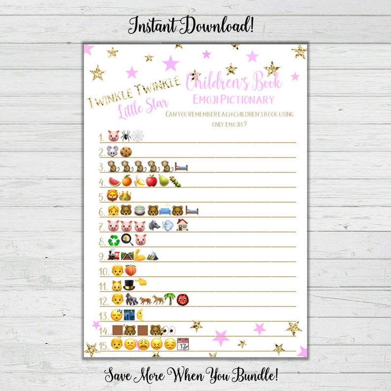 Children's Book Emoji Pictionary Game Pink and Gold Baby Shower Games ...