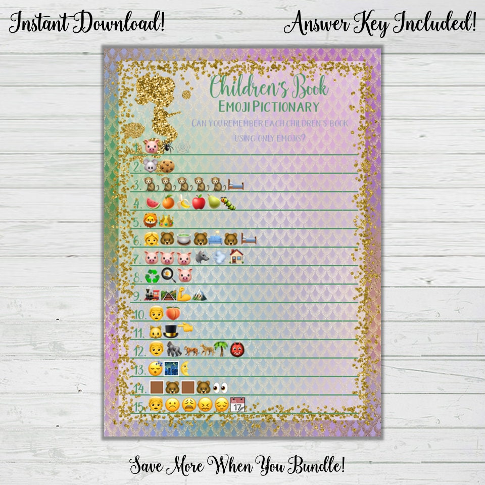 Children's Book Emoji Pictionary Game- Mermaid Baby Shower Games - Gold ...