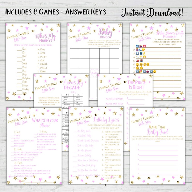 Baby Shower 8 Game Bundle Answer Keys Pink and Gold Baby Shower Game ...