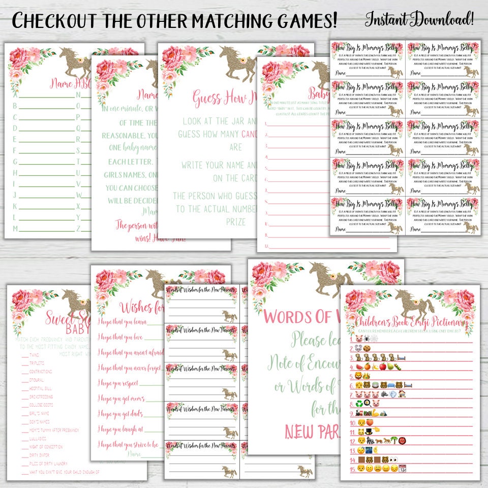 Unicorn Baby Shower Games - Candy Matching Baby Shower Game - Mint Pink ...