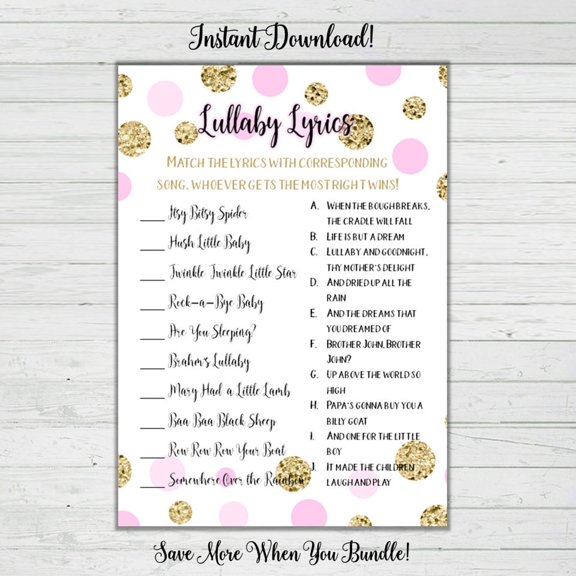 Lullaby Song Matching Game - Pink and Gold Baby Shower Games - Girl ...