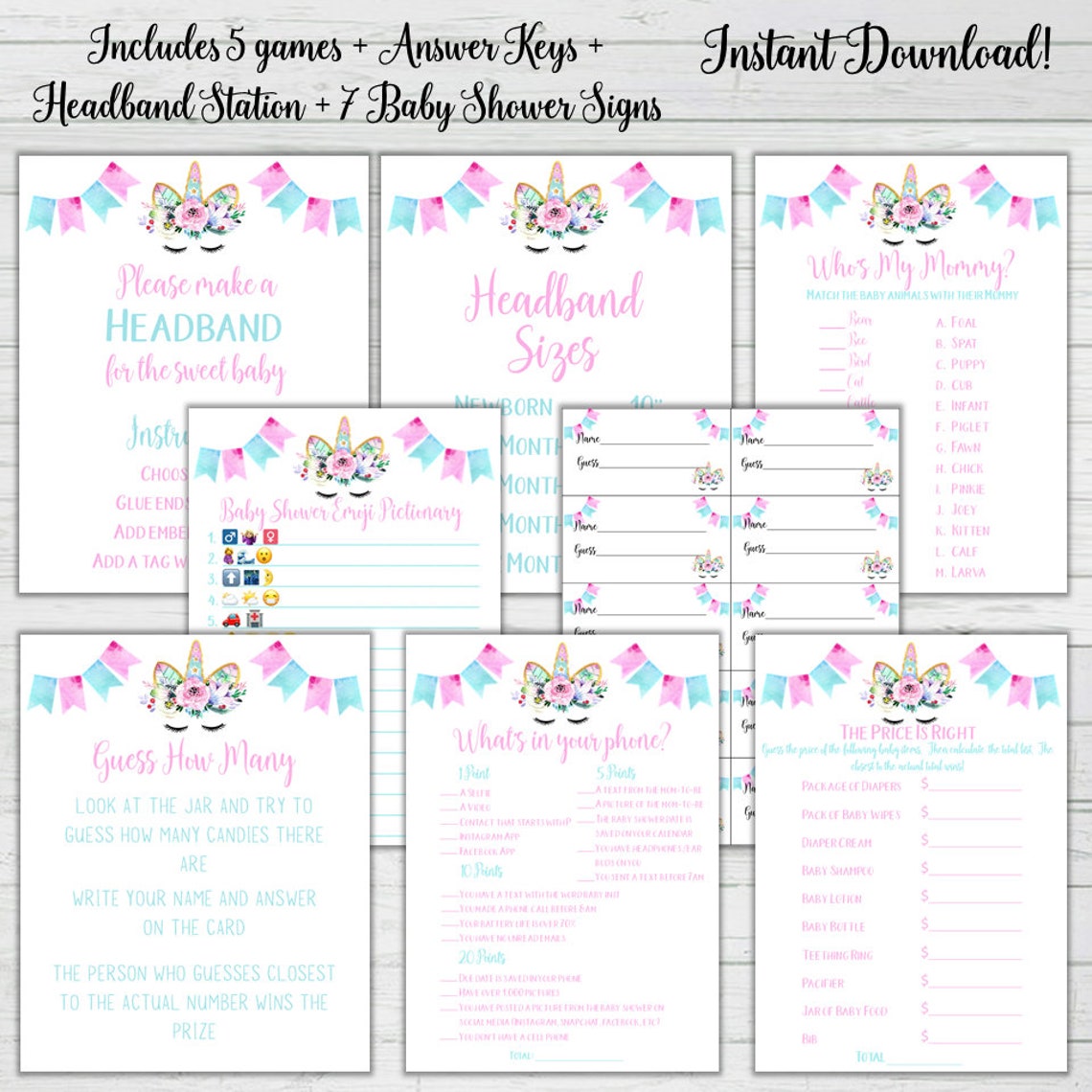 Unicorn Baby Shower 5 Game Bundle + Answer Keys + 7 Baby Shower Signs ...