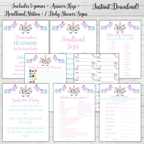 Unicorn Baby Shower 5 Game Bundle Answer Keys 7 Baby | Etsy