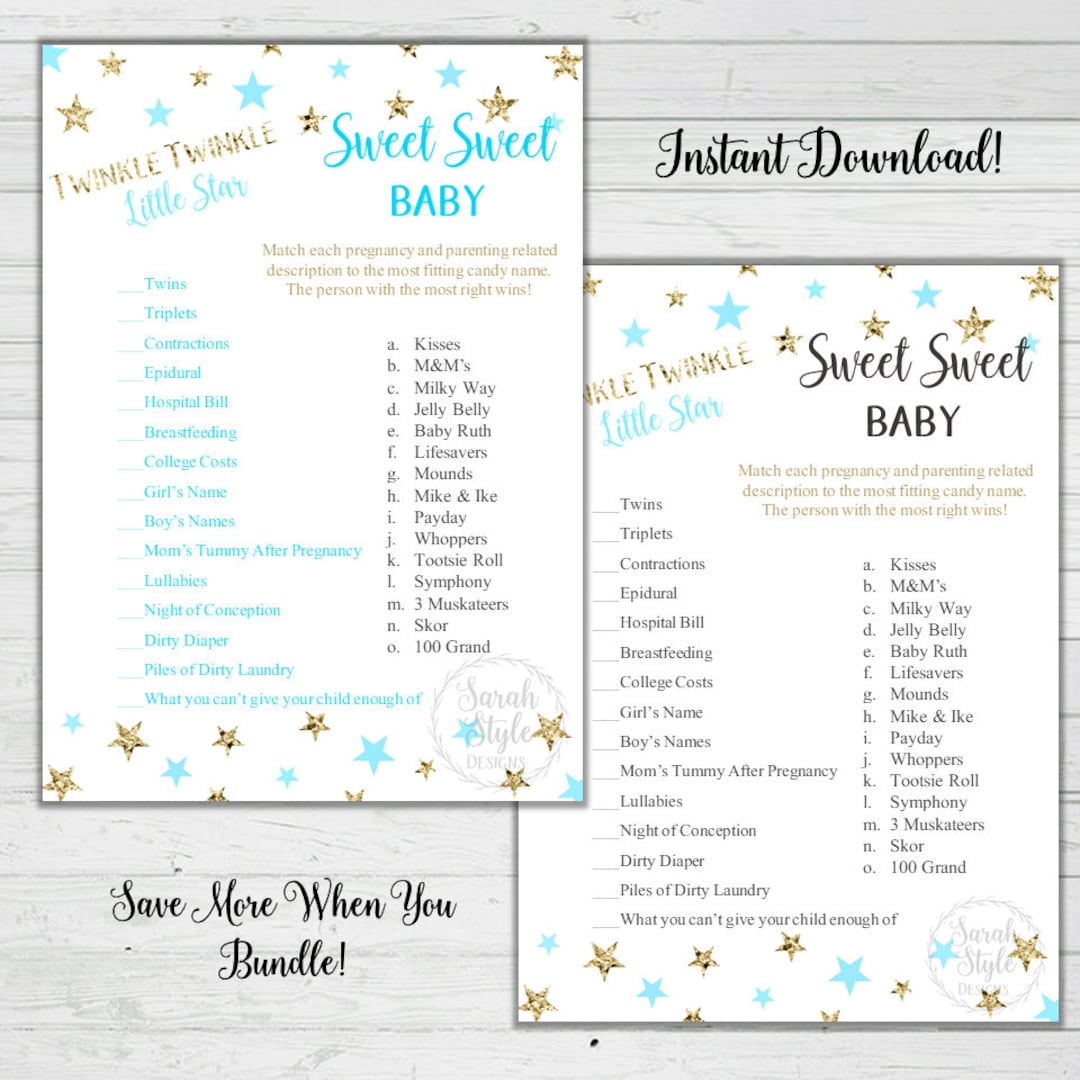 Twinkle Twinkle Little Star Candy Baby Shower Game Answer Key Blue Gold ...