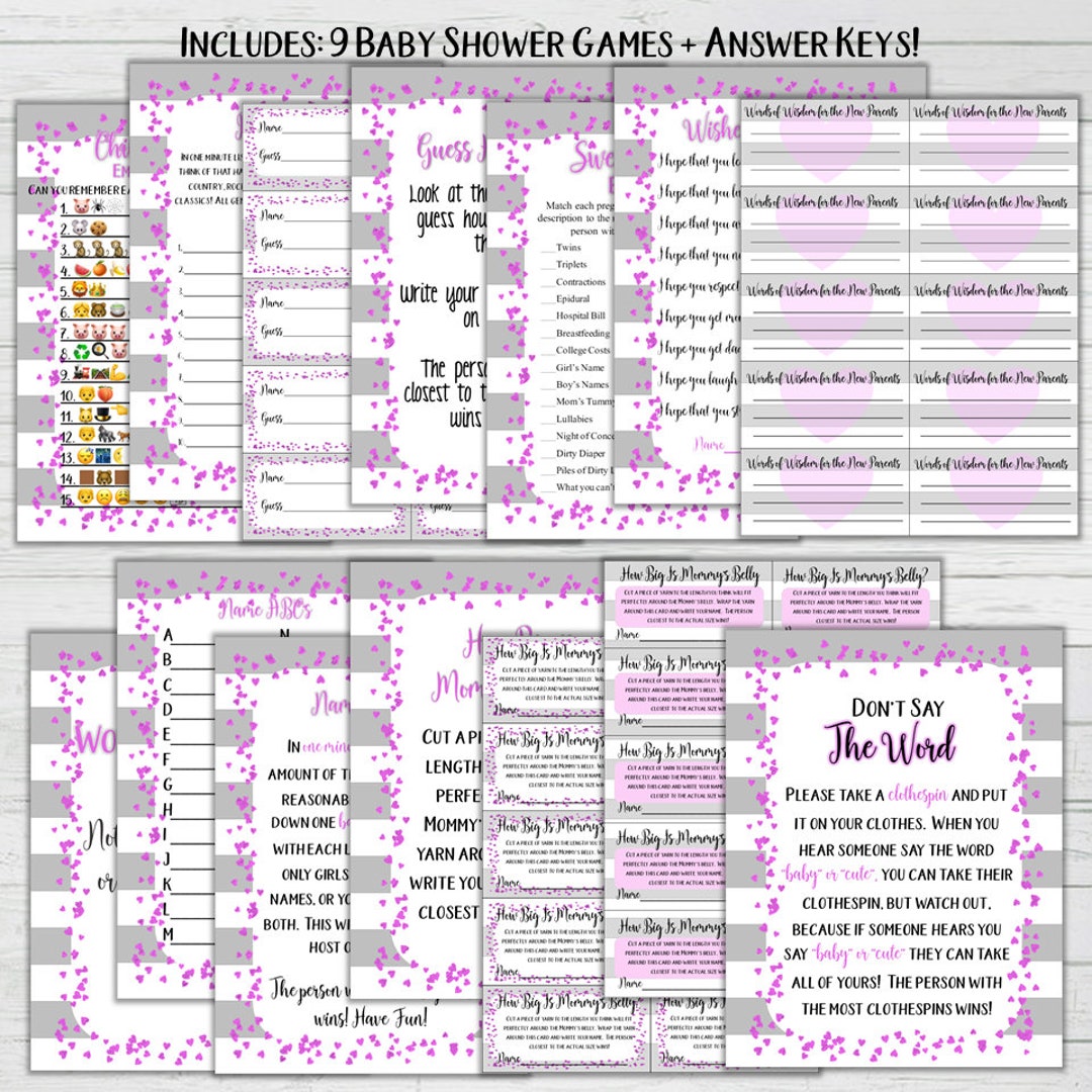Baby Shower 9 Game Bundle + Answer Keys - Baby Shower Game Set -pink ...