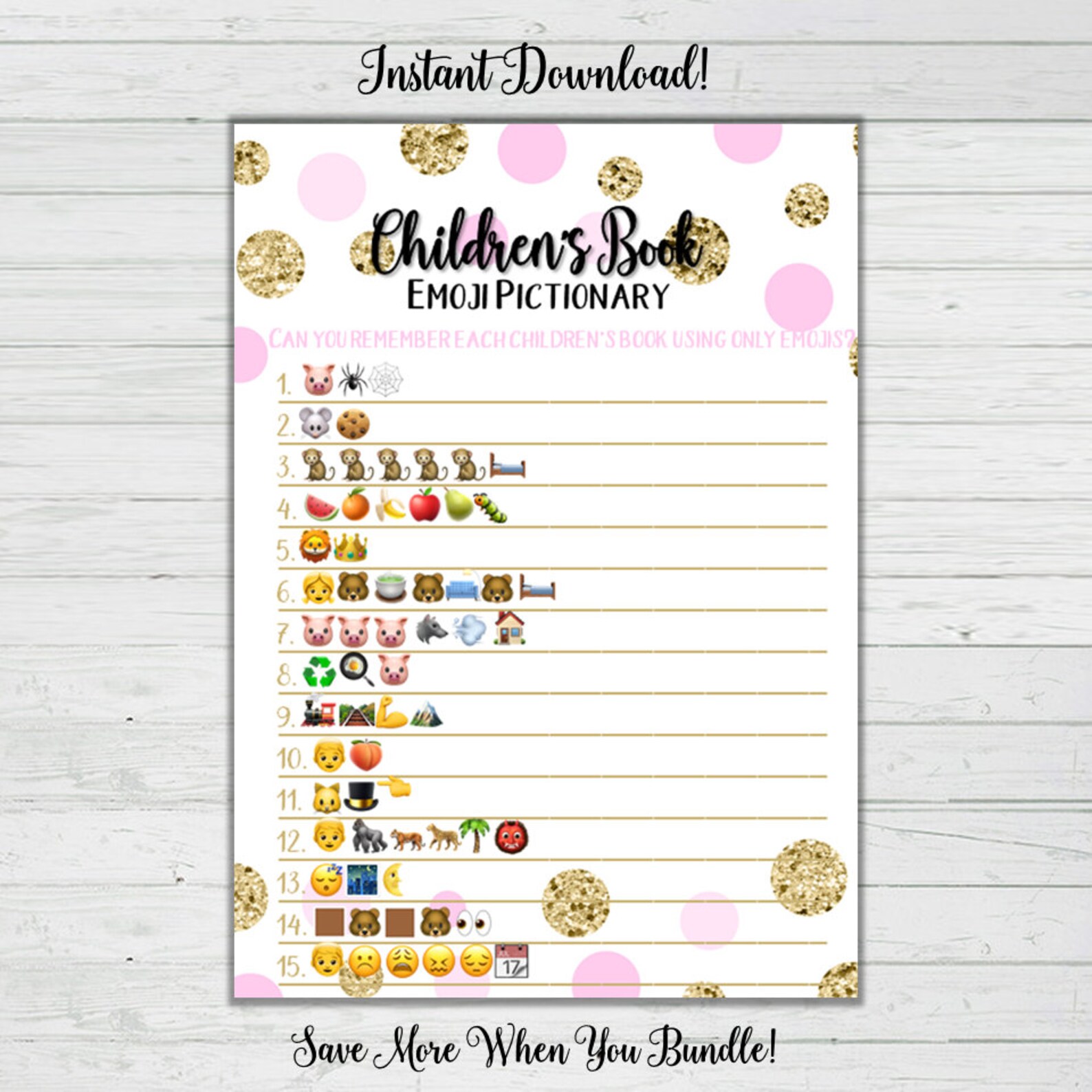 Children's Book Emoji Pictionary Game Pink and Gold Baby Shower Games ...
