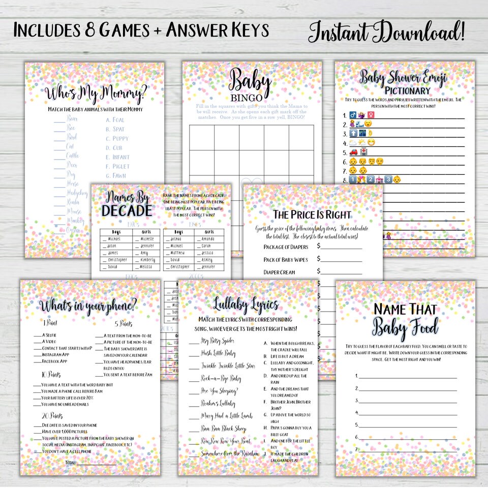 Baby Shower 17 Game Bundle Answer Keys 7 Baby Shower Signs Rainbow ...