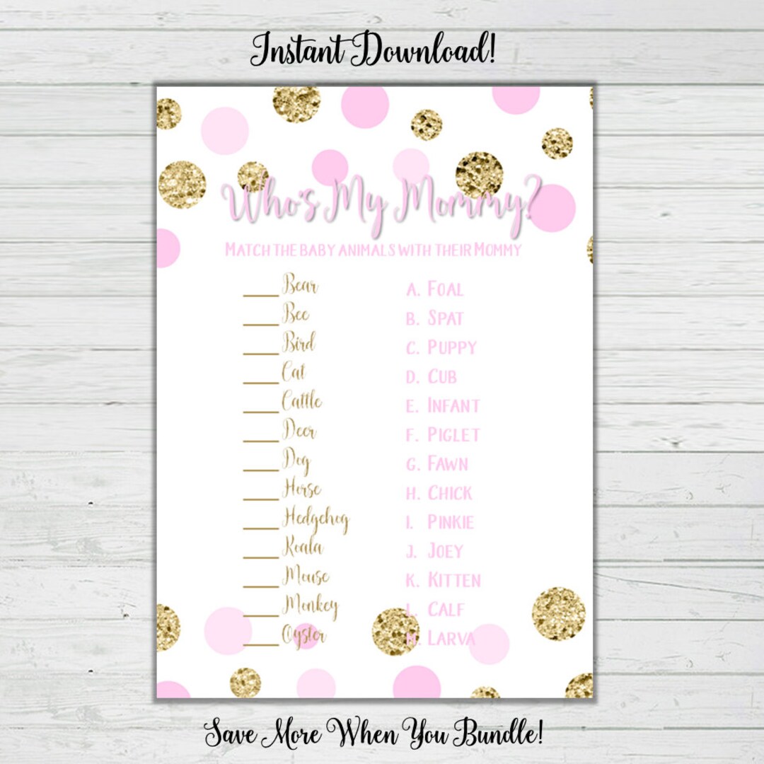 Baby Animals Matching Game - Pink and Gold Baby Shower Games - Boy Baby ...