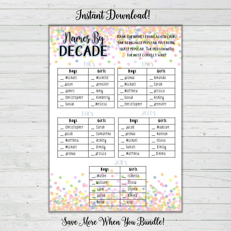 Names by Decade Baby Shower Game - Rainbow Confetti Baby Shower Games ...