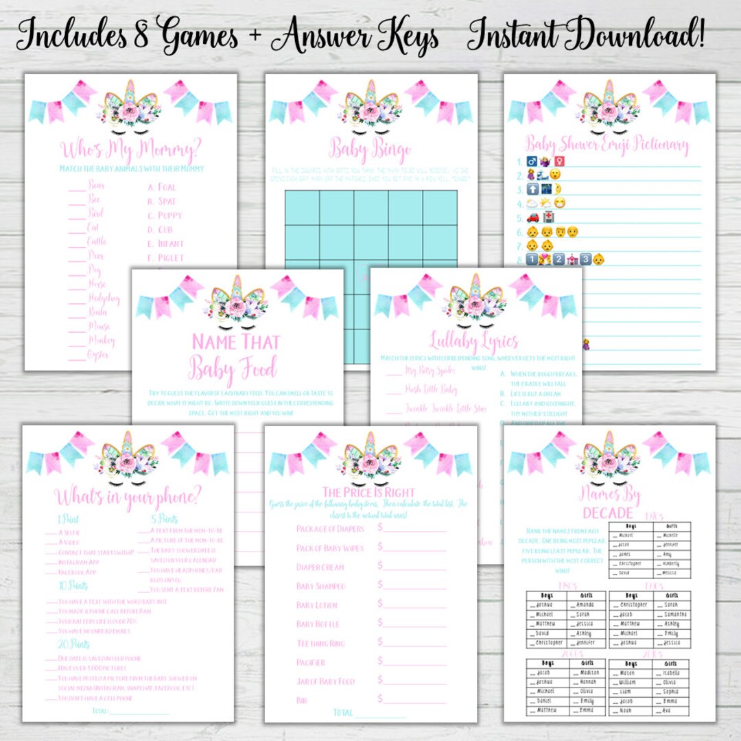 Unicorn Baby Shower Game Set - Baby Shower 8 Game Bundle + Answer Keys ...