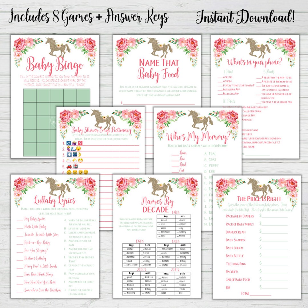 Unicorn Baby Shower Game Set - Baby Shower 8 Game Bundle + Answer Keys ...