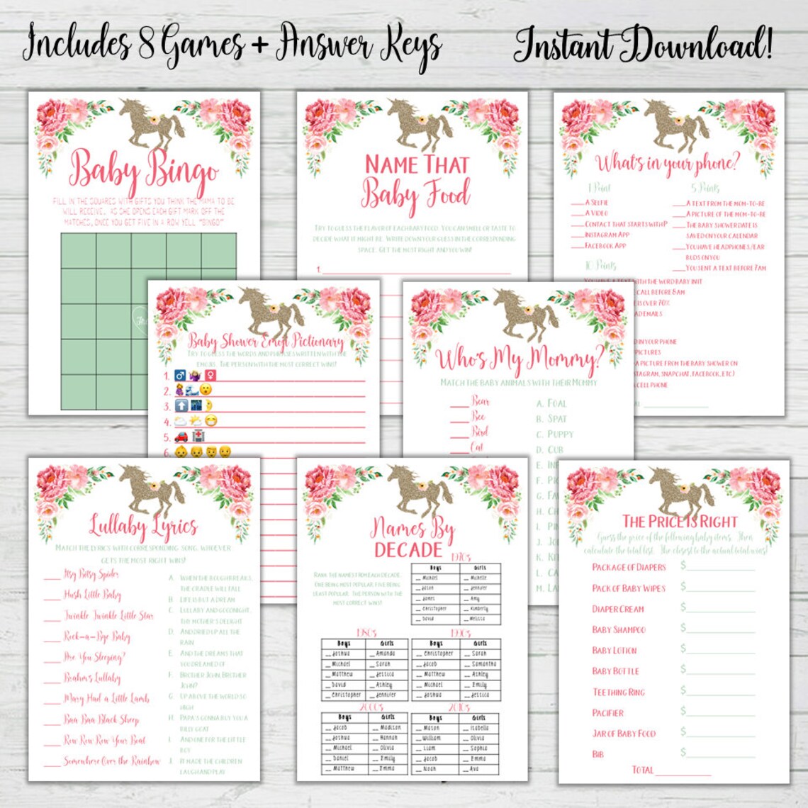 Unicorn Baby Shower Game Set Baby Shower 8 Game Bundle | Etsy