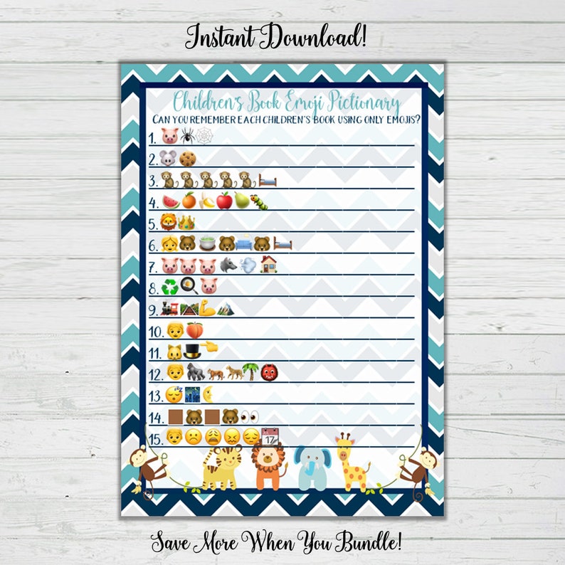 Children's Book Emoji Pictionary Game Chevron Baby Animals Baby Shower ...