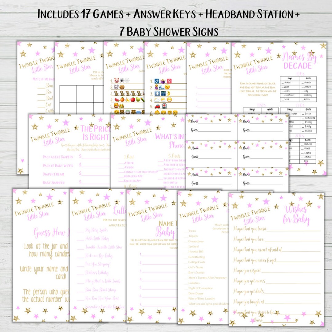 Baby Shower 17 Game Bundle + Answer Keys - 7 Baby Shower Signs - Pink ...
