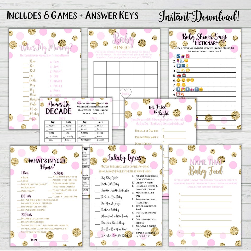 Baby Shower 8 Game Bundle Answer Keys Pink and Gold Baby - Etsy