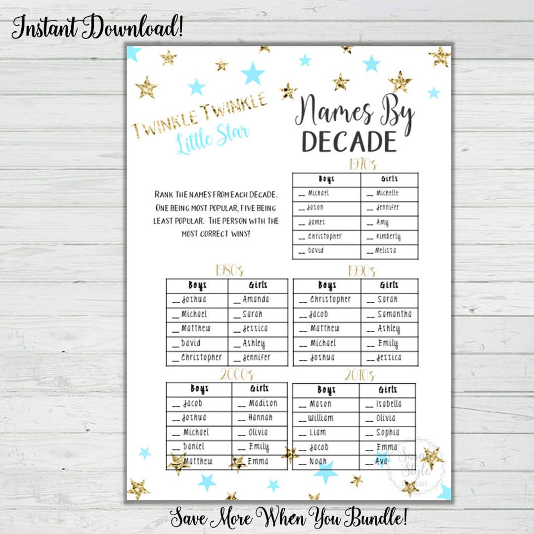 Baby Shower Names by Decade Game Party Activity Blue Gold Stars Digital ...
