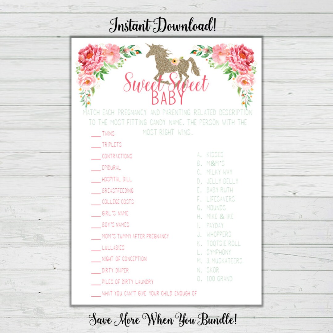 Unicorn Baby Shower Games - Candy Matching Baby Shower Game - Mint Pink ...