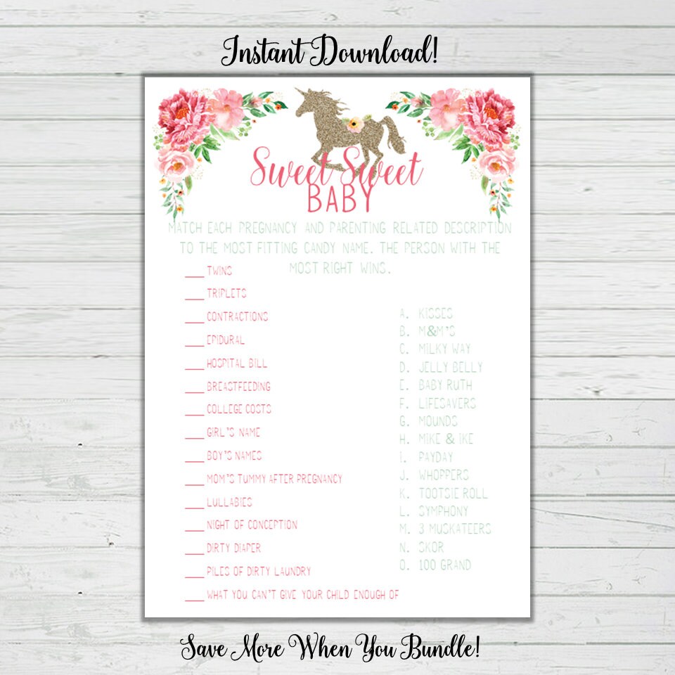 Unicorn Baby Shower Games - Candy Matching Baby Shower Game - Mint Pink ...