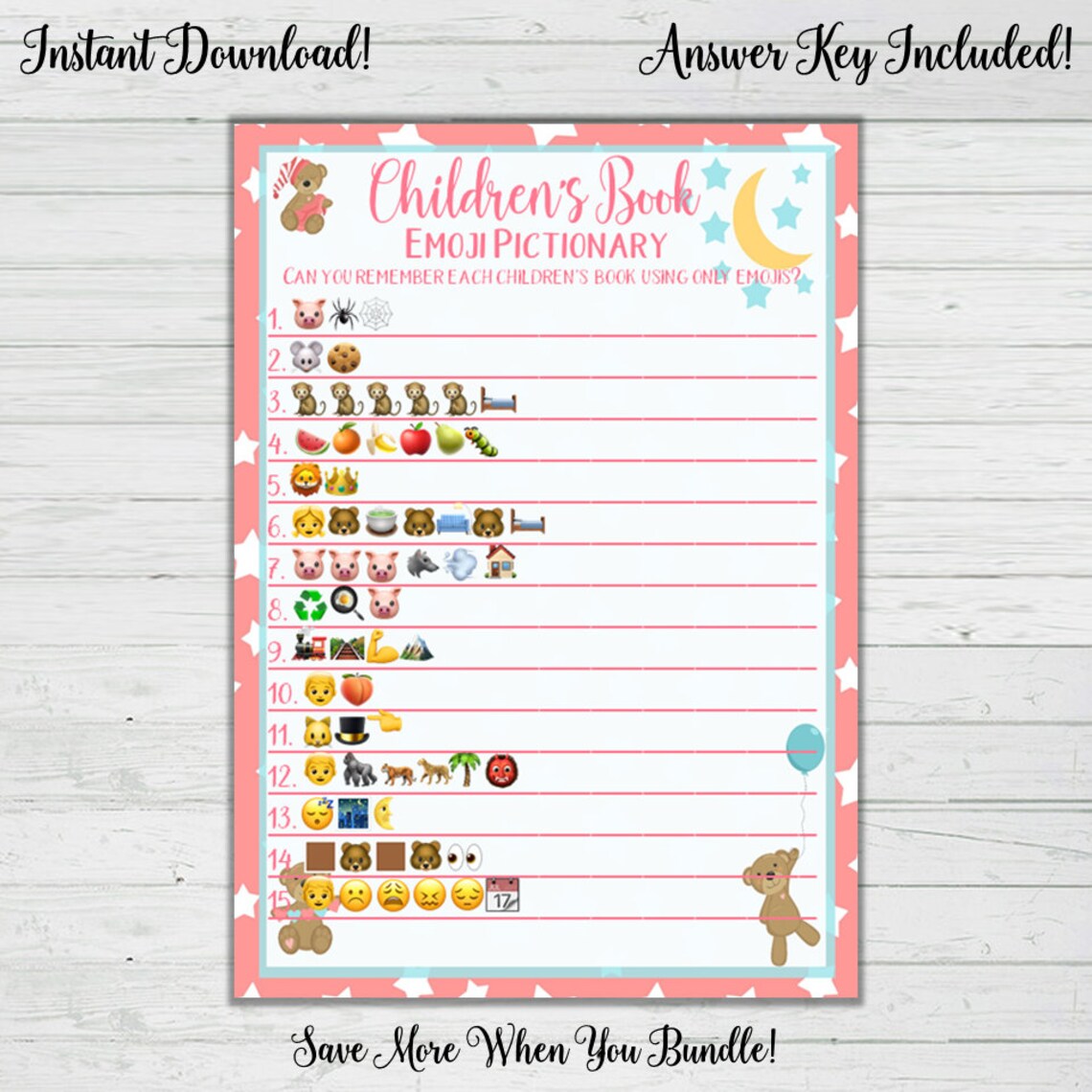Children's Book Emoji Pictionary Game- Pink Teddy Bear Baby Shower ...