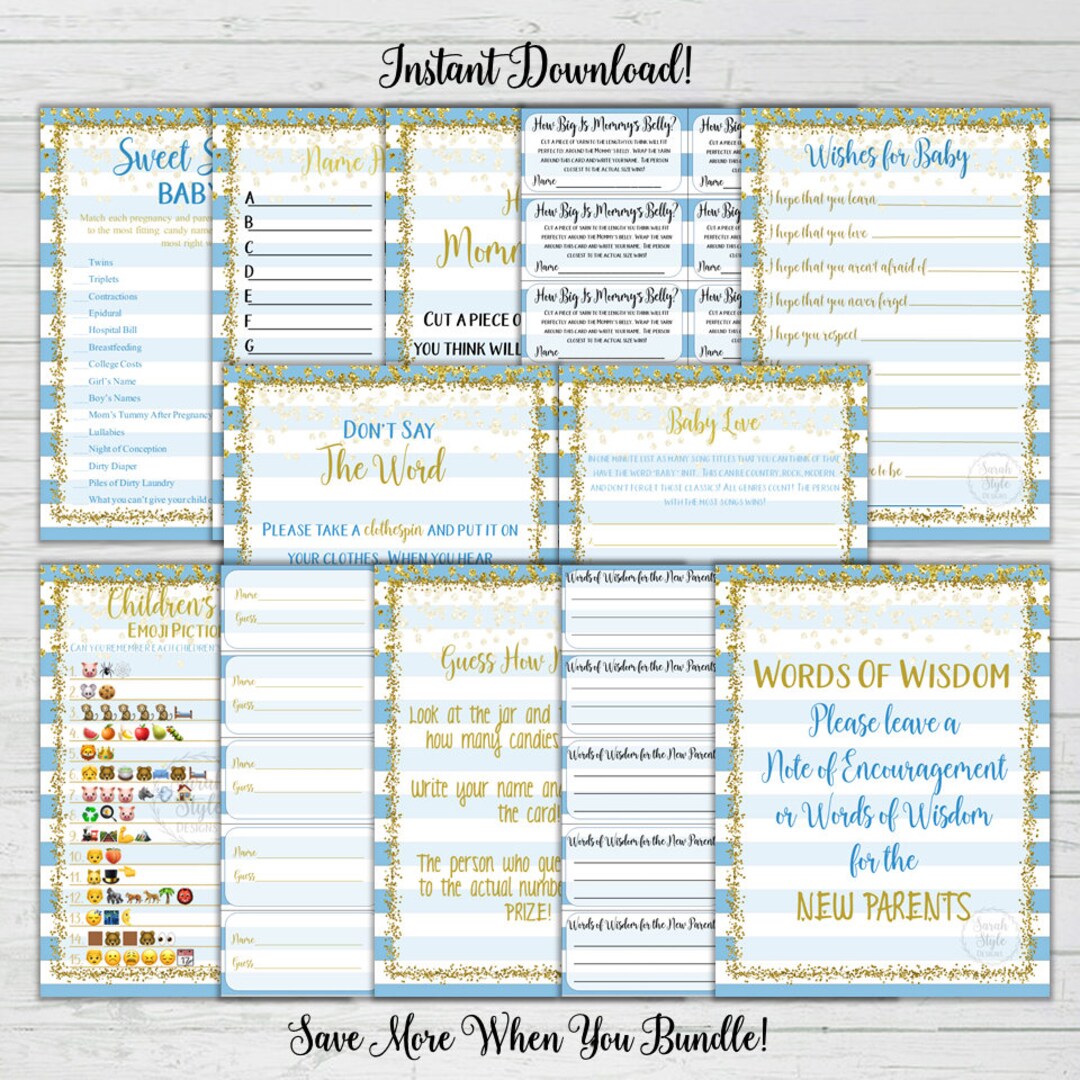 Baby Shower Bundle Set Activities Games Blue Gold Confetti Pack Digital ...