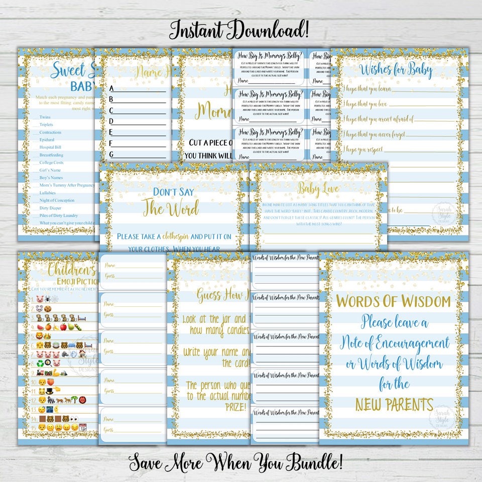 Baby Shower Bundle Set Activities Games Blue Gold Confetti - Etsy