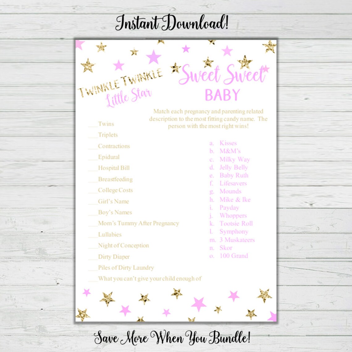 Candy Matching Baby Shower Game Pink and Gold Baby Shower Games girl ...