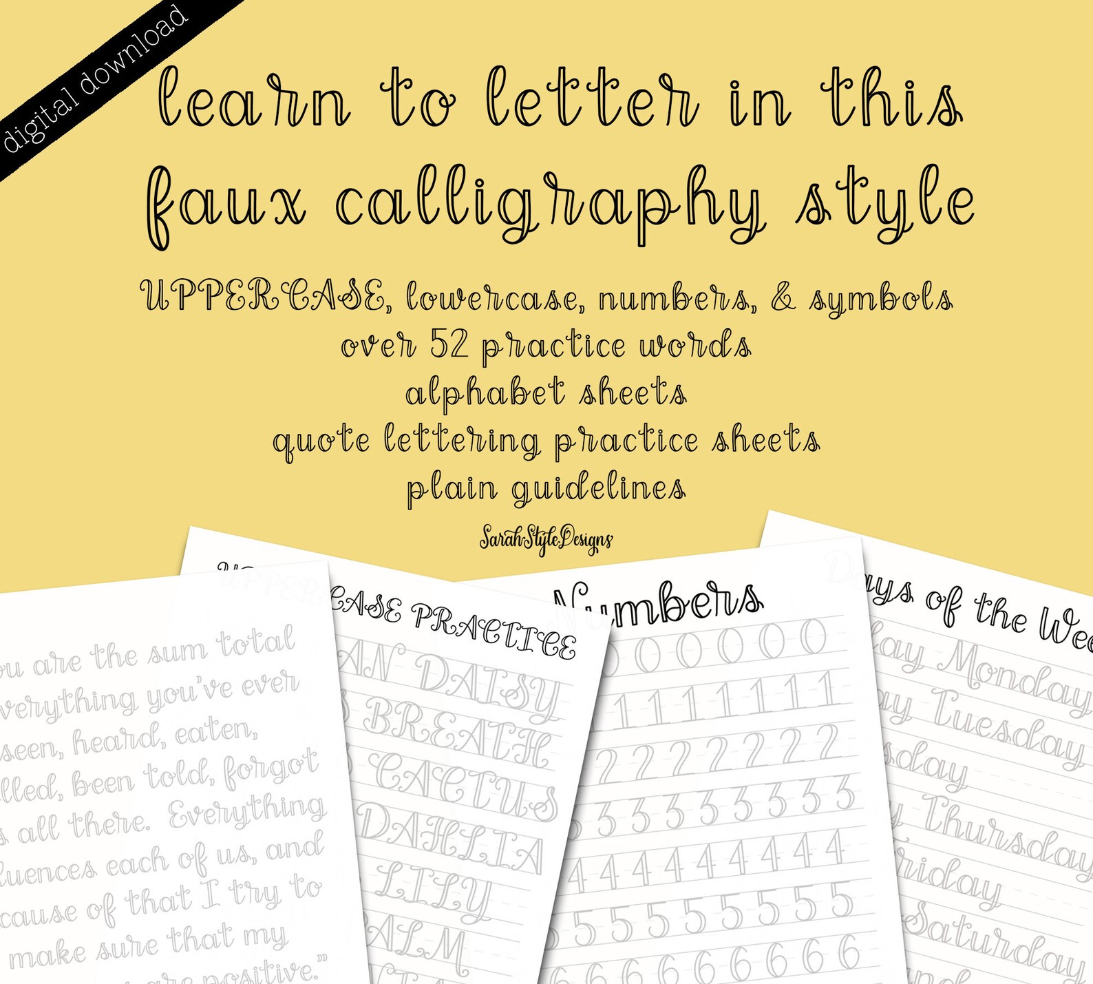 Faux Calligraphy Style Hand Lettering Worksheets | Digital Printable ...