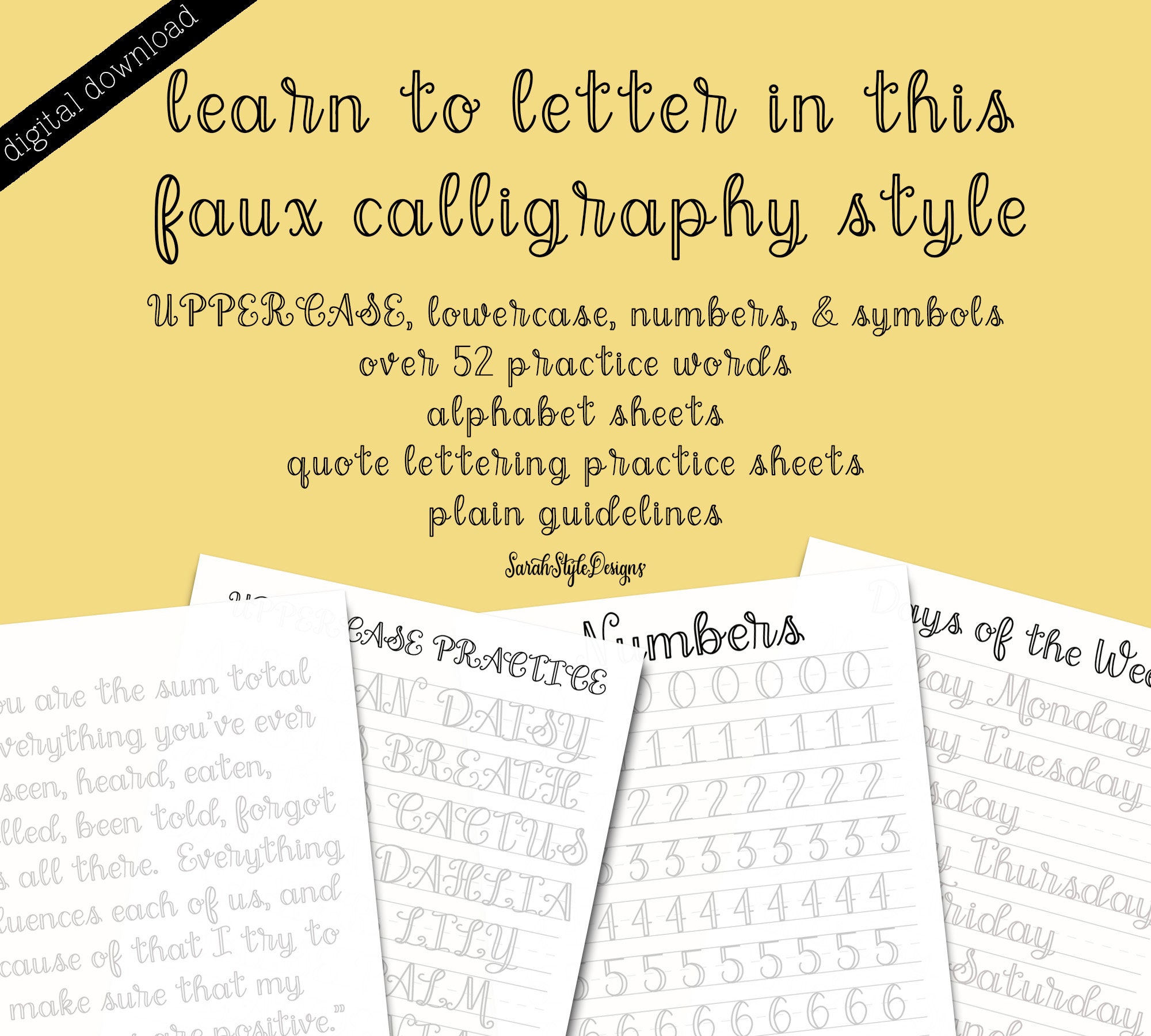 Faux Calligraphy Style Hand Lettering Worksheets | Digital Printable ...