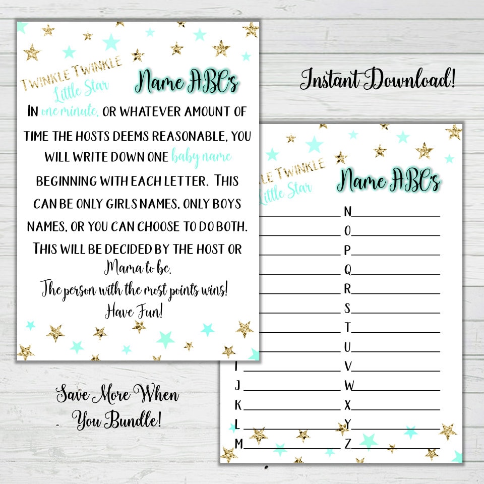 Baby Name Game Baby Shower Game Mint and Gold Stars Baby Shower Games ...