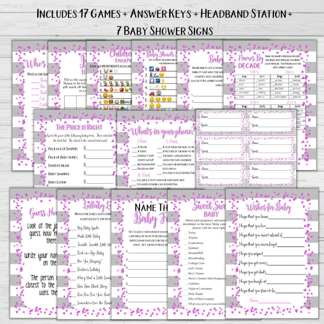 Baby Shower 17 Game Bundle + Answer Keys - 7 Baby Shower Signs - Pink ...