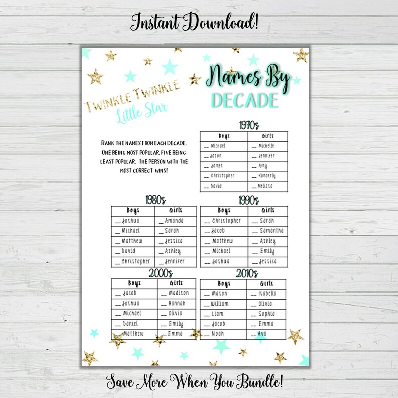 Baby Name Game Baby Shower Game - Mint and Gold Stars - Baby Shower ...