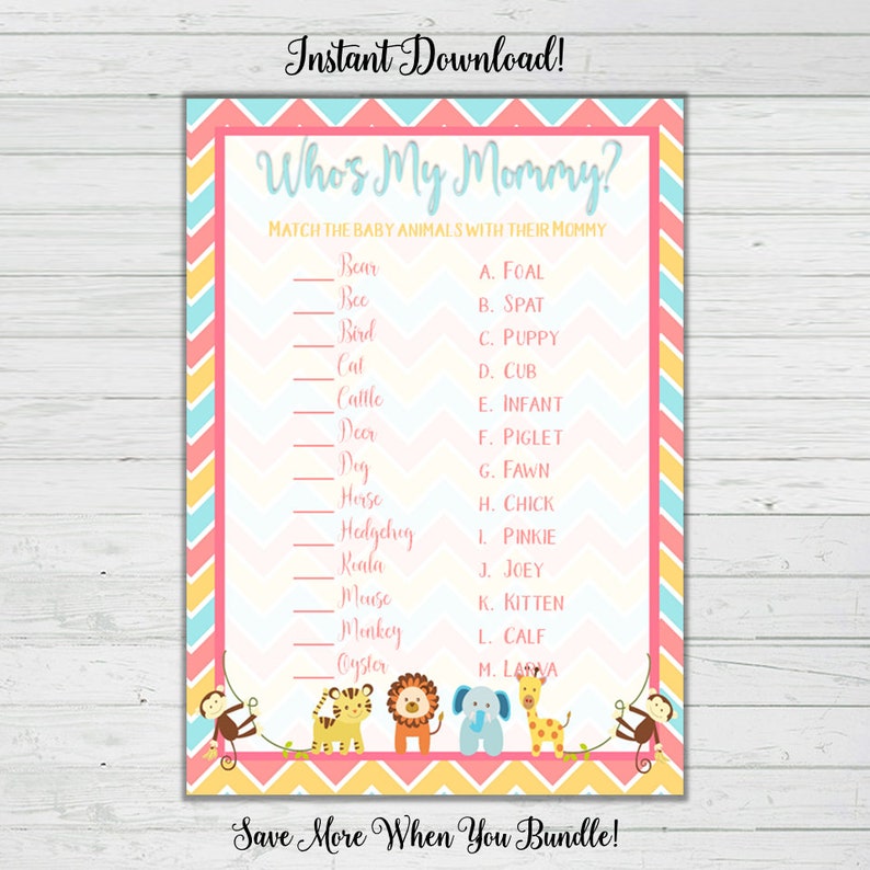 Baby Animals Matching Game - Chevron Baby Animals Baby Shower Games ...