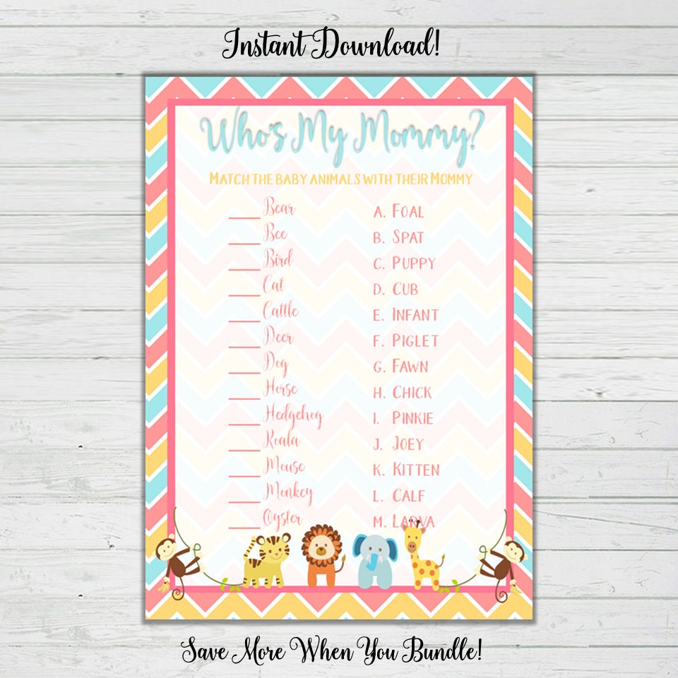 Baby Animals Matching Game - Chevron Baby Animals Baby Shower Games ...