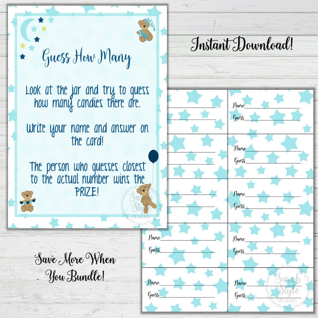 Guess How Many - Boy Baby Shower Game - Candy Game - Blue Bear Theme ...