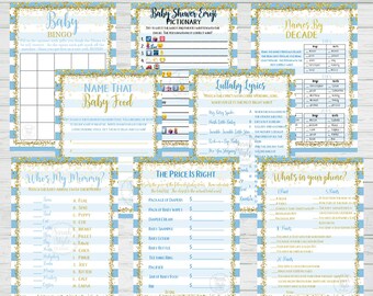 Baby Shower Bundle Set Activities Games Blue Gold Confetti | Etsy