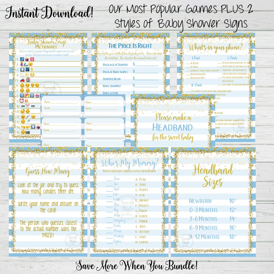 Baby Shower Game Bundle Set 3 Signs Pack Headband Blue Gold Confetti ...