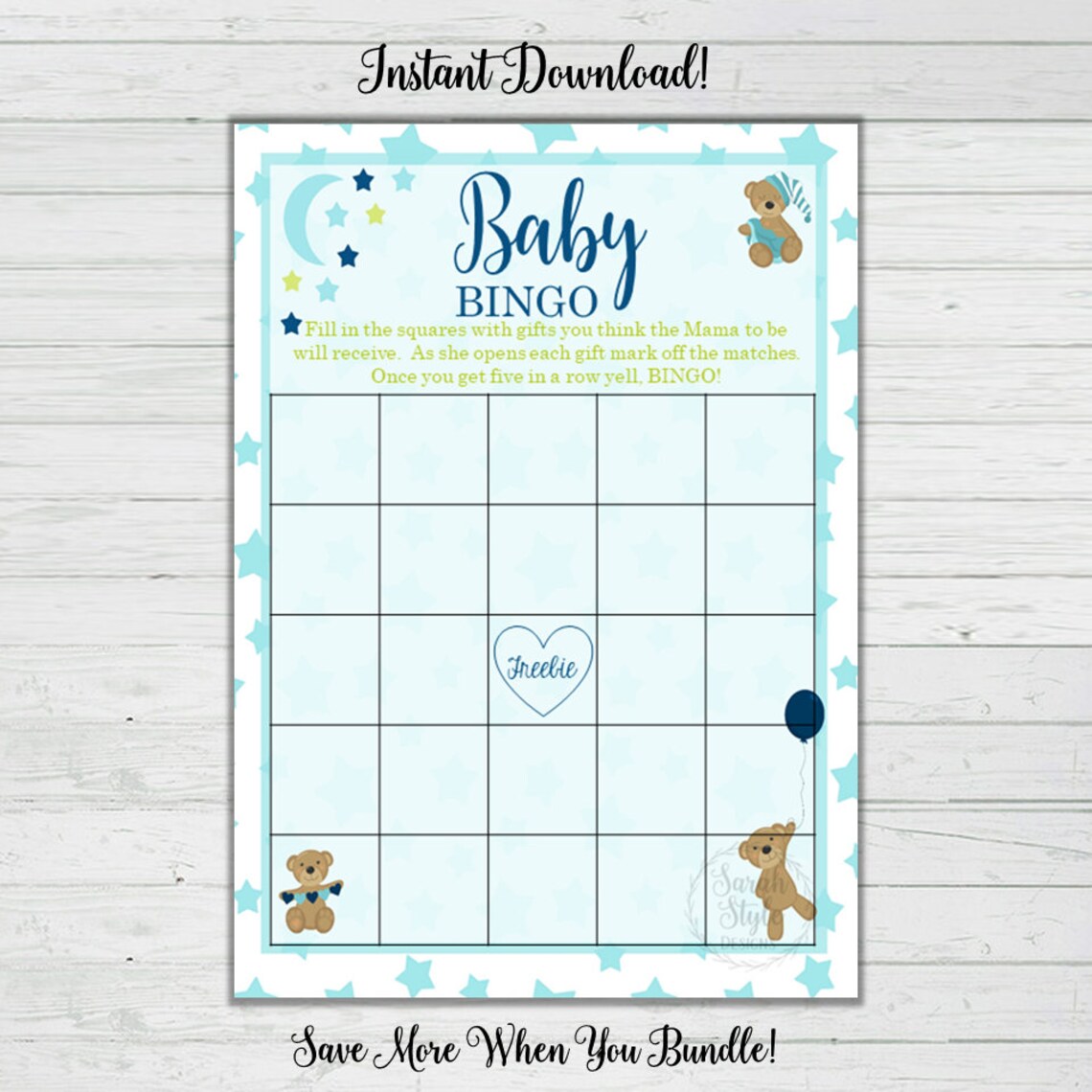 Blue Bear Baby Shower Bingo Game Party Activity Instant Download ...