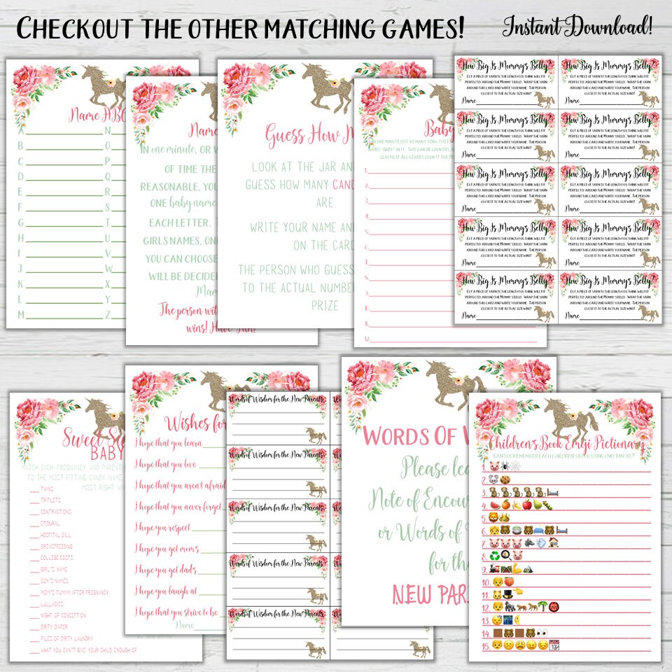 Unicorn Baby Shower Games baby Name Baby Shower Game Mint - Etsy