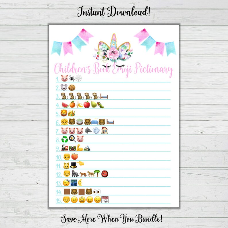 Children's Book Emoji Pictionary Game Unicorn Turquoise Baby Shower ...