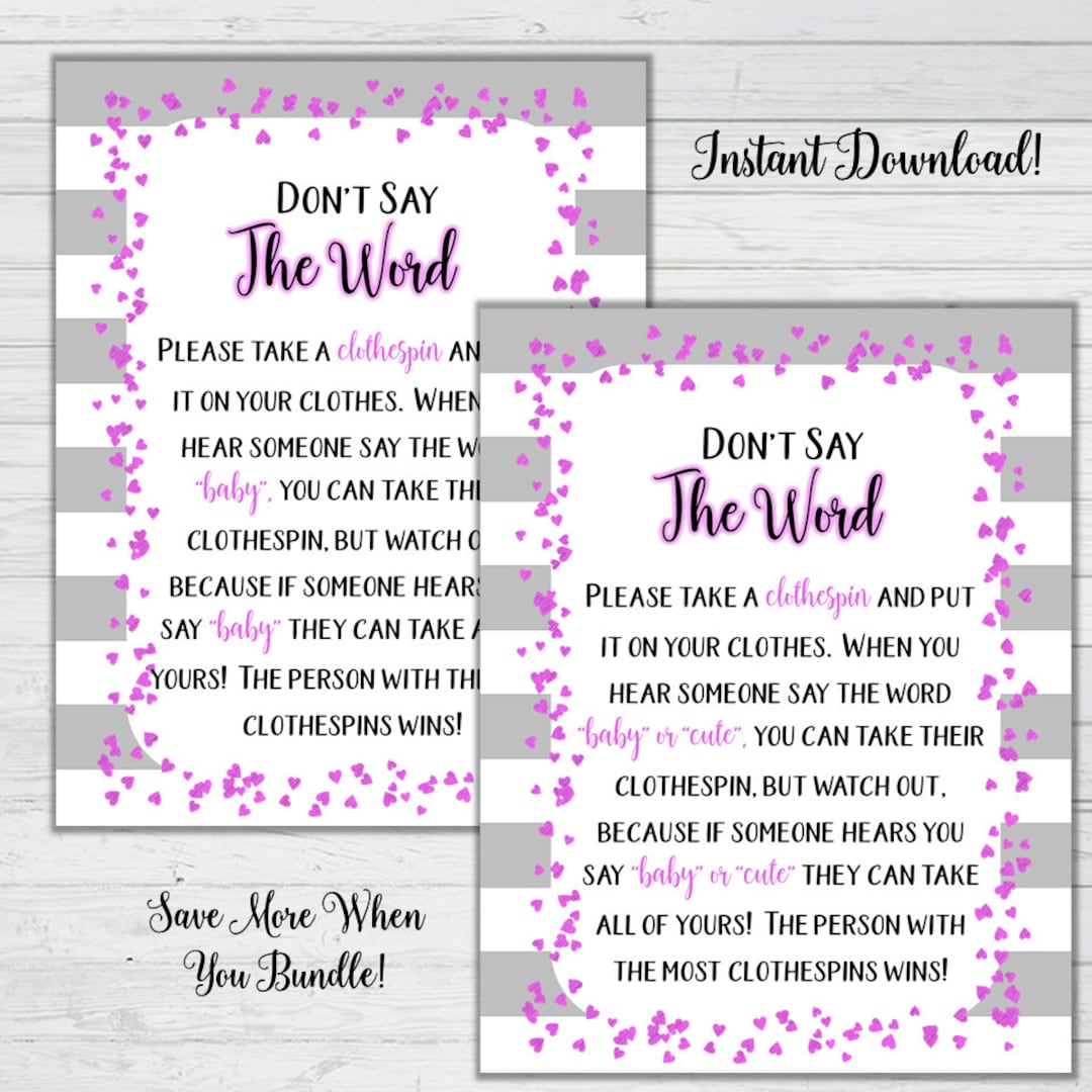 Don't Say the Word Clothespin Game - Pink and Grey Baby Shower Games ...