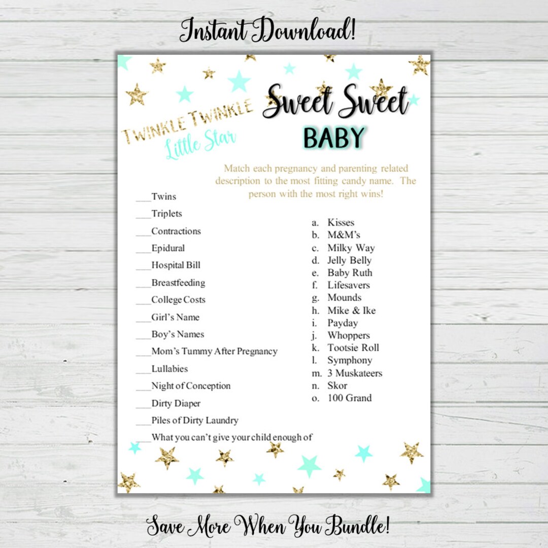 Baby Candy Matching Baby Shower Game - Mint and Gold Stars - Baby ...