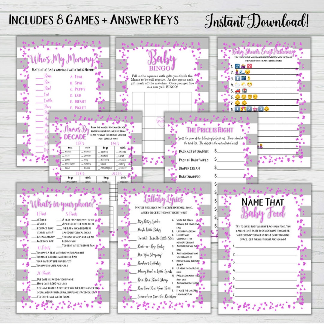 Baby Shower 8 Game Bundle + Answer Keys - Pink and Grey Baby Shower ...