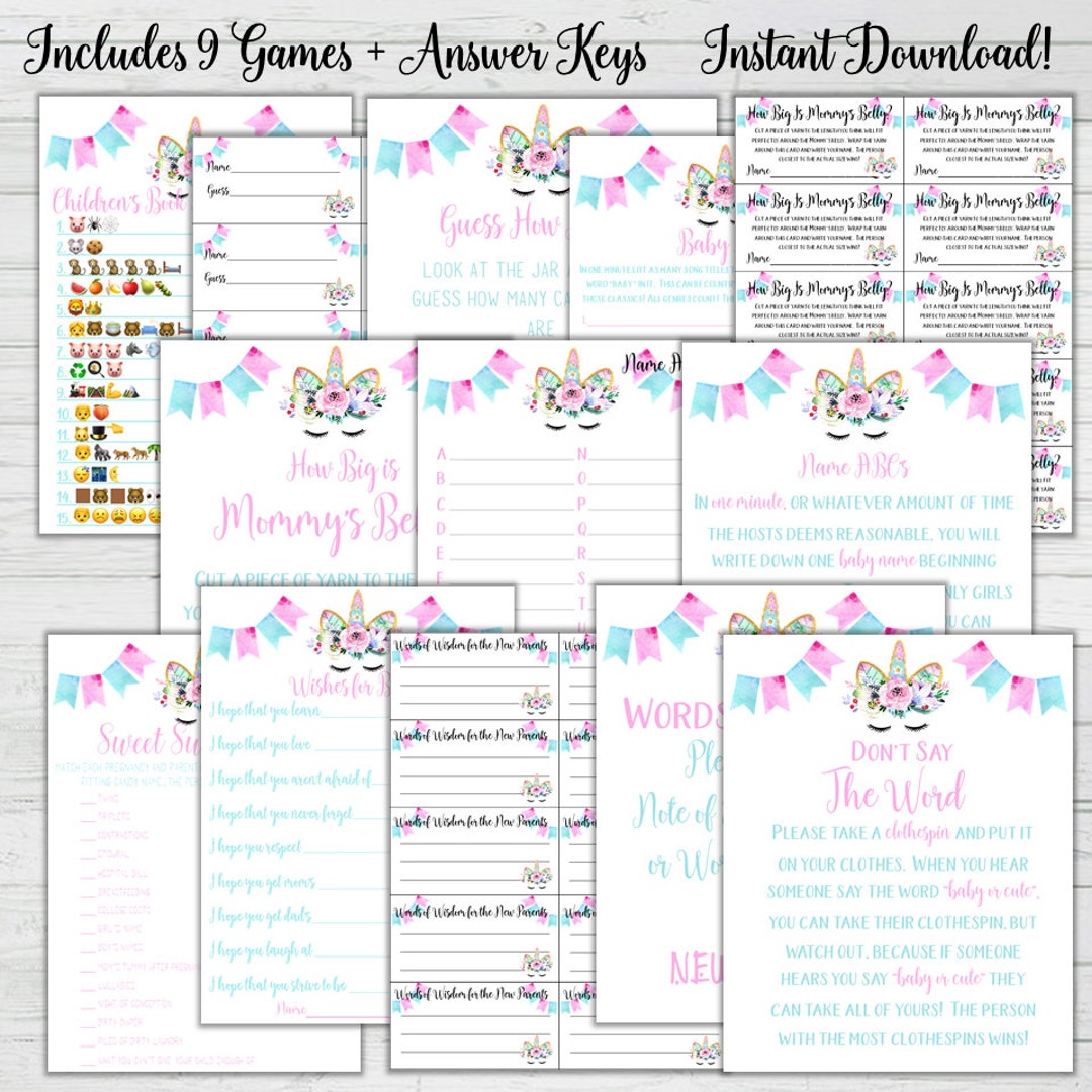 Unicorn Baby Shower Game Set -baby Shower 9 Game Bundle + Answer Keys ...