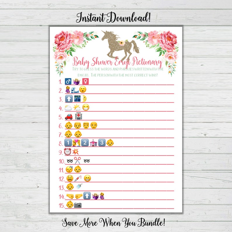 Emoji Pictionary Baby Shower Game - Unicorn Pink and Mint Baby Shower ...