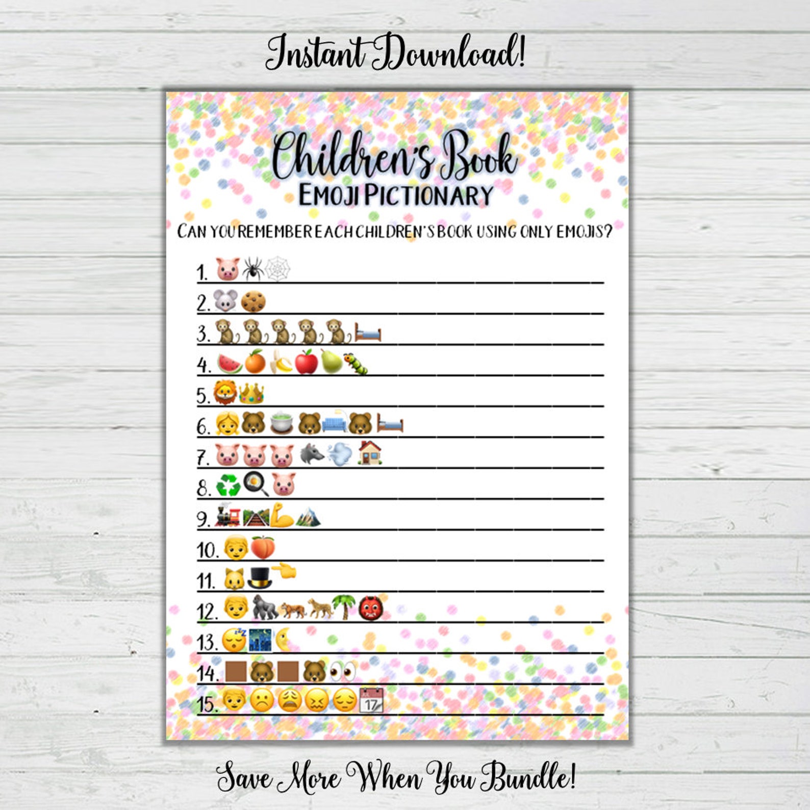 Children's Book Emoji Pictionary Game- Rainbow Confetti Baby Shower ...